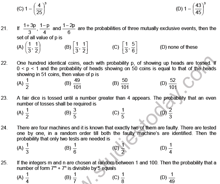 JEE Mathematics Probability MCQs Set C with Answers